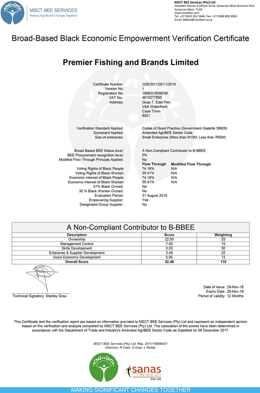 BEE Certificate Premier Fishing Brands Limited BEE Certificate Premier Fishing Brands Limited